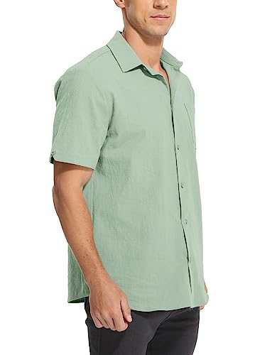 TUREFACE Shirts for Men Casual Button Down Short Sleeve Cotton Dress Shirt Big ANG Tall for Summer(Light Green,XL)