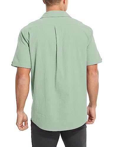 TUREFACE Shirts for Men Casual Button Down Short Sleeve Cotton Dress Shirt Big ANG Tall for Summer(Light Green,XL)
