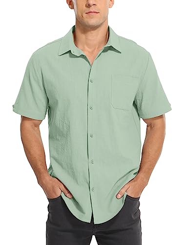 TUREFACE Shirts for Men Casual Button Down Short Sleeve Cotton Dress Shirt Big ANG Tall for Summer(Light Green,XL)