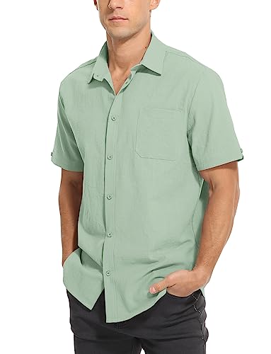 TUREFACE Shirts for Men Casual Button Down Short Sleeve Cotton Dress Shirt Big ANG Tall for Summer(Light Green,XL)