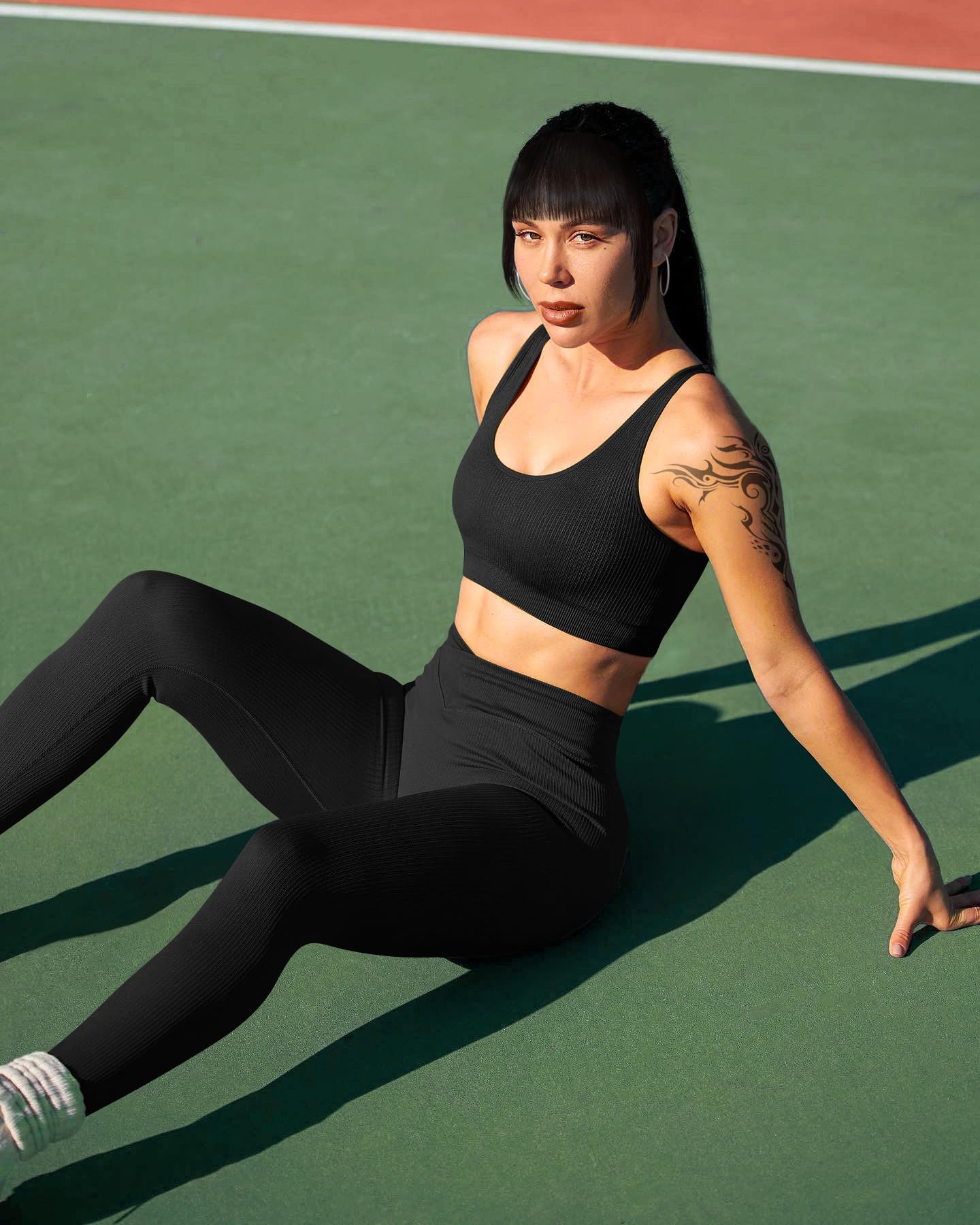 OQQ Women's 2 Piece Yoga Leggings Ribbed Seamless Workout High Waist Cross Over Athletic Exercise Leggings Black Avocado Green