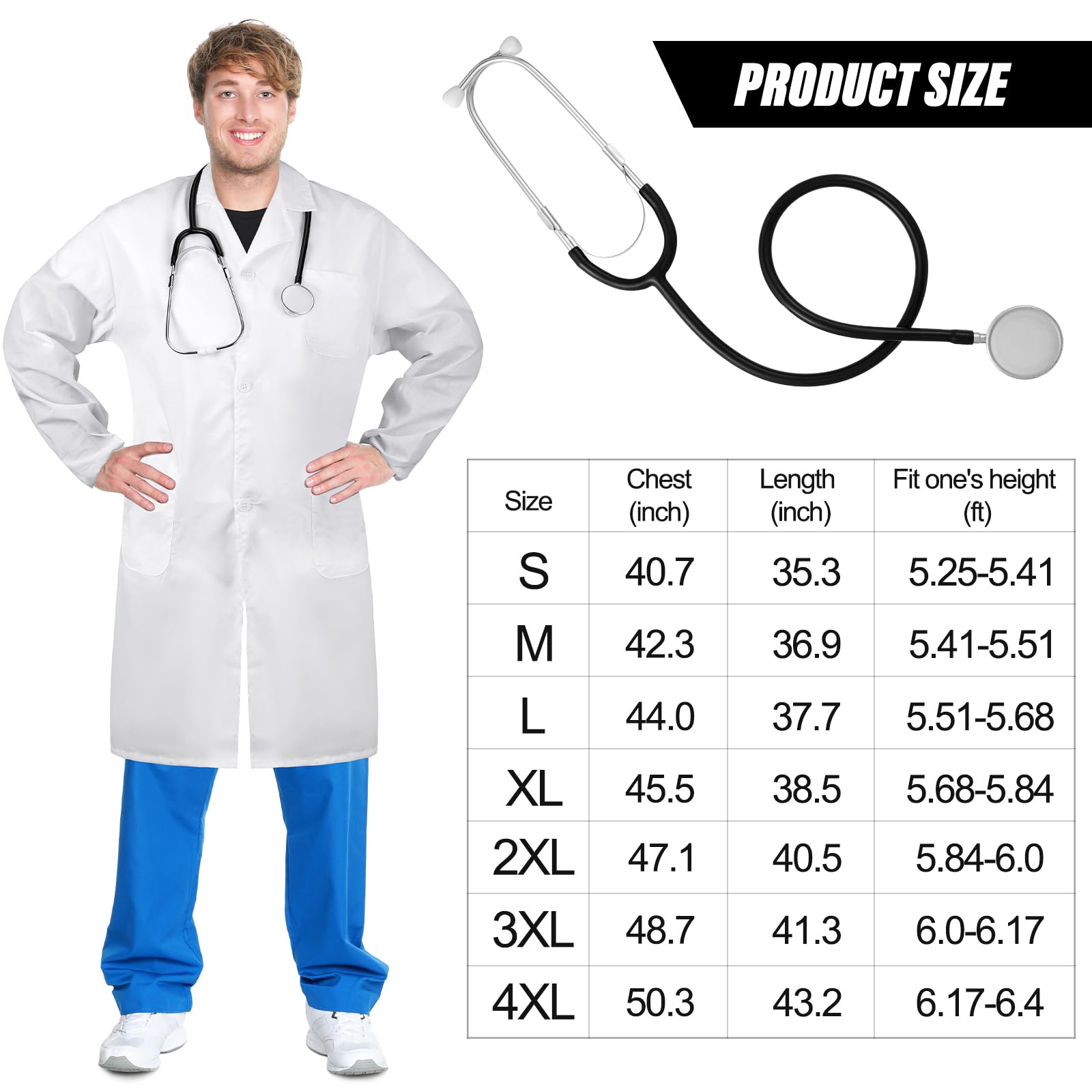 Women Men Doctor Costume Lab Coat Set Halloween White Lab Coat Scientist Coat and Dual Head Stethoscope Adults Unisex(Large)