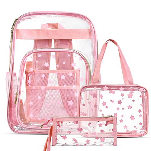 Feolaviy Clear Backpack Stadium Approved Backpack for Girls 3 Clear Stadium Backpack Set Heavy Duty Transparent Bookbag See Through PVC School Bag Transparent Backpack