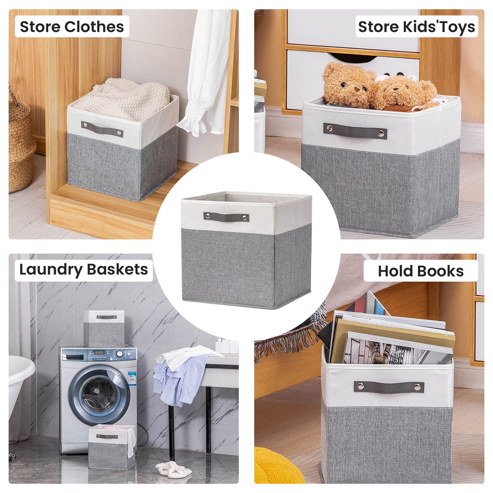 DULLEMELO 11x11 Cube Storage Bins, Foldable Fabric Cubby Baskets 11 x 11 storage cubes for Organizing Toys Books Towels Clothes, Cube Storage Organizer Bins for Shelves Closet Home Office, White&Grey