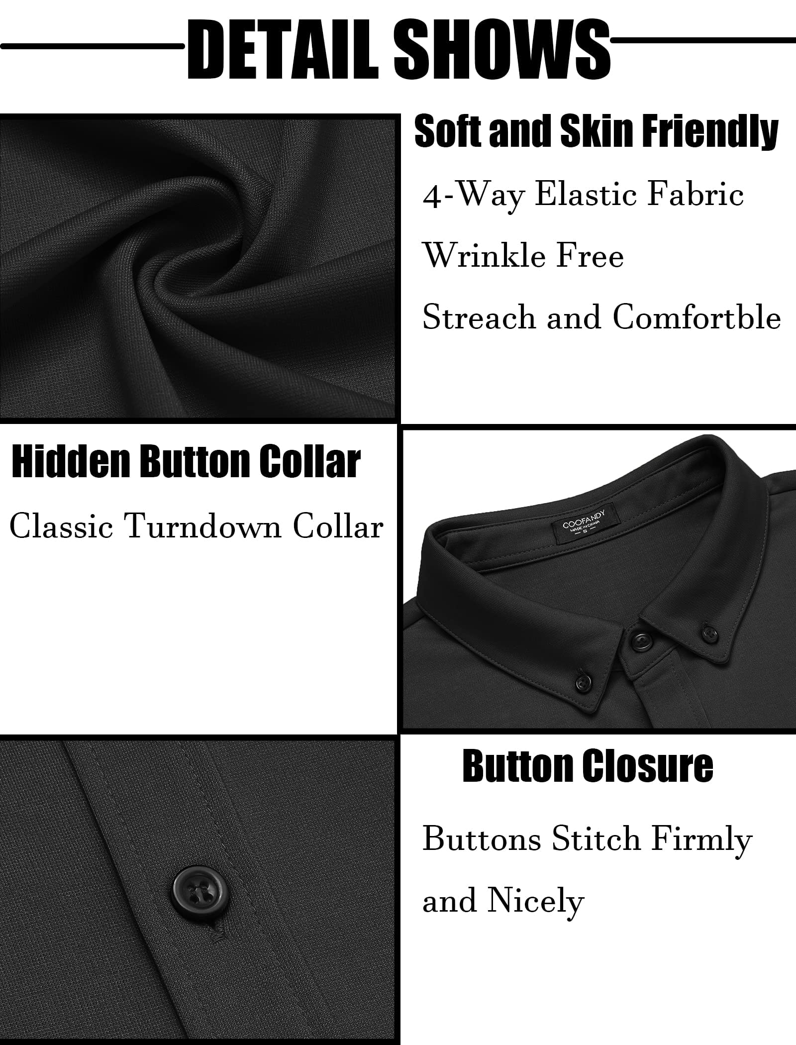 COOFANDY Men's Long Sleeve Dress Shirt Casual Button Down Shirts Wrinkle Free Untucked Shirt Black