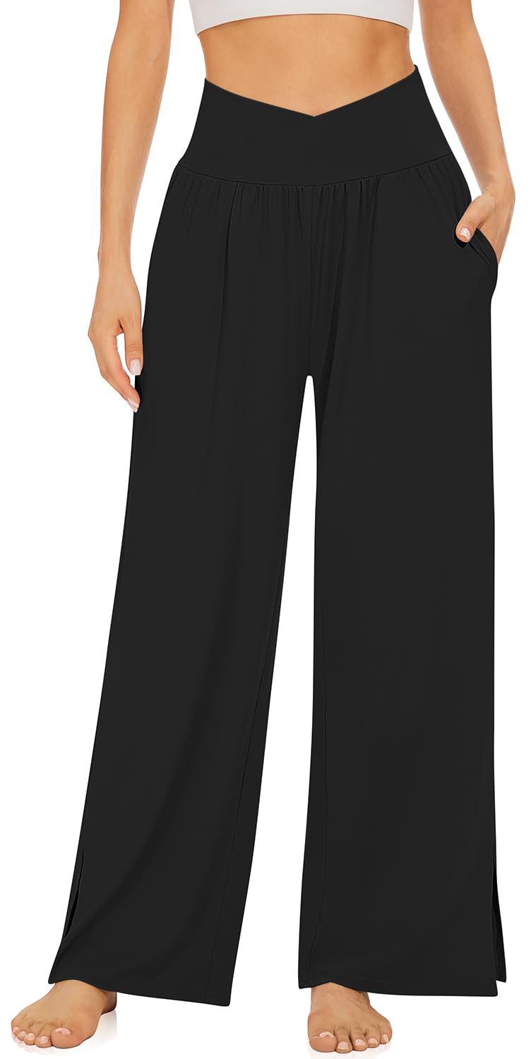 UEU Women Yoga Pants Wide Leg Comfy Loose Lounge Pajama Flowy Pants Pockets Casual Sweatpants Crossover High Waisted(Black, X-Large)