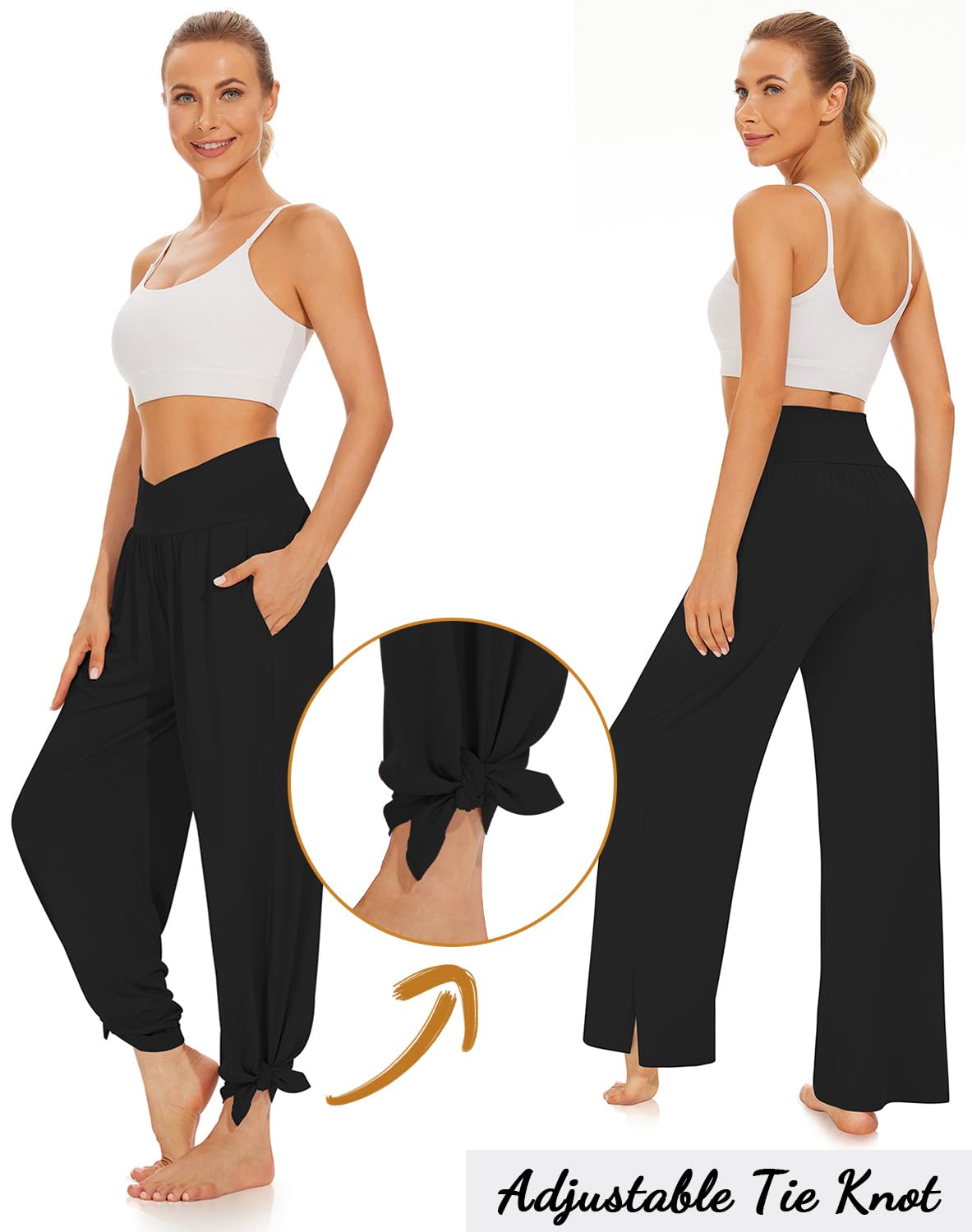UEU Women Yoga Pants Wide Leg Comfy Loose Lounge Pajama Flowy Pants Pockets Casual Sweatpants Crossover High Waisted(Black, X-Large)