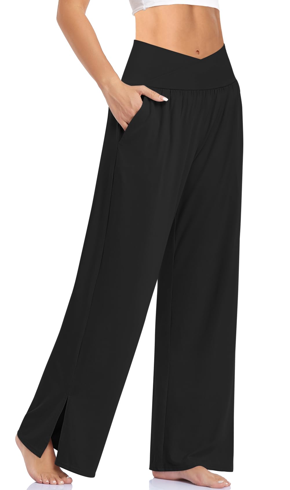 UEU Women Yoga Pants Wide Leg Comfy Loose Lounge Pajama Flowy Pants Pockets Casual Sweatpants Crossover High Waisted(Black, X-Large)