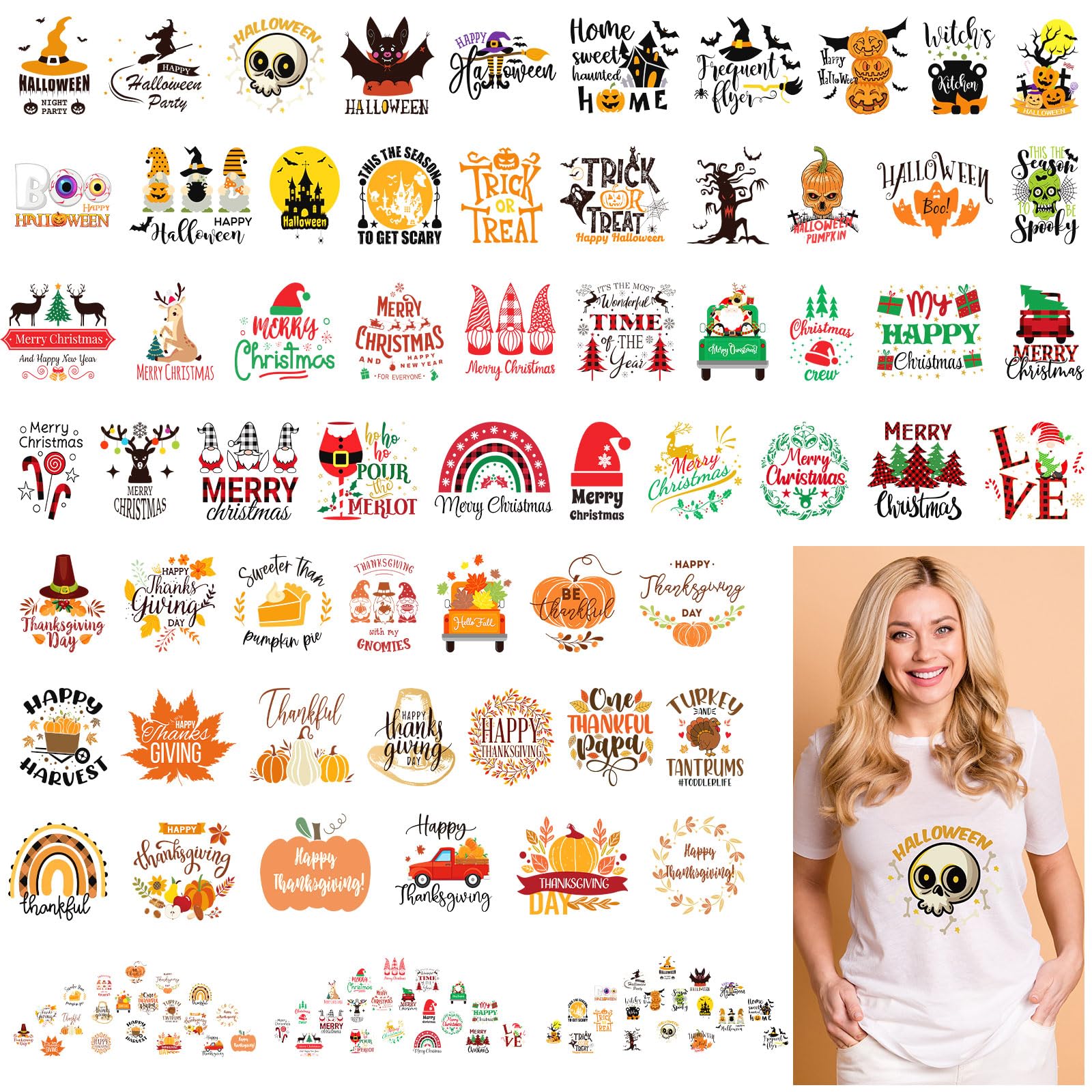 Colarr 60 Pcs Fall Iron on Transfer Shirts Halloween Thanksgiving Heat Transfer Vinyl Patches Stickers Christmas Iron on Decals Iron on Appliques for Clothing Hat Backpack DIY Craft Supply