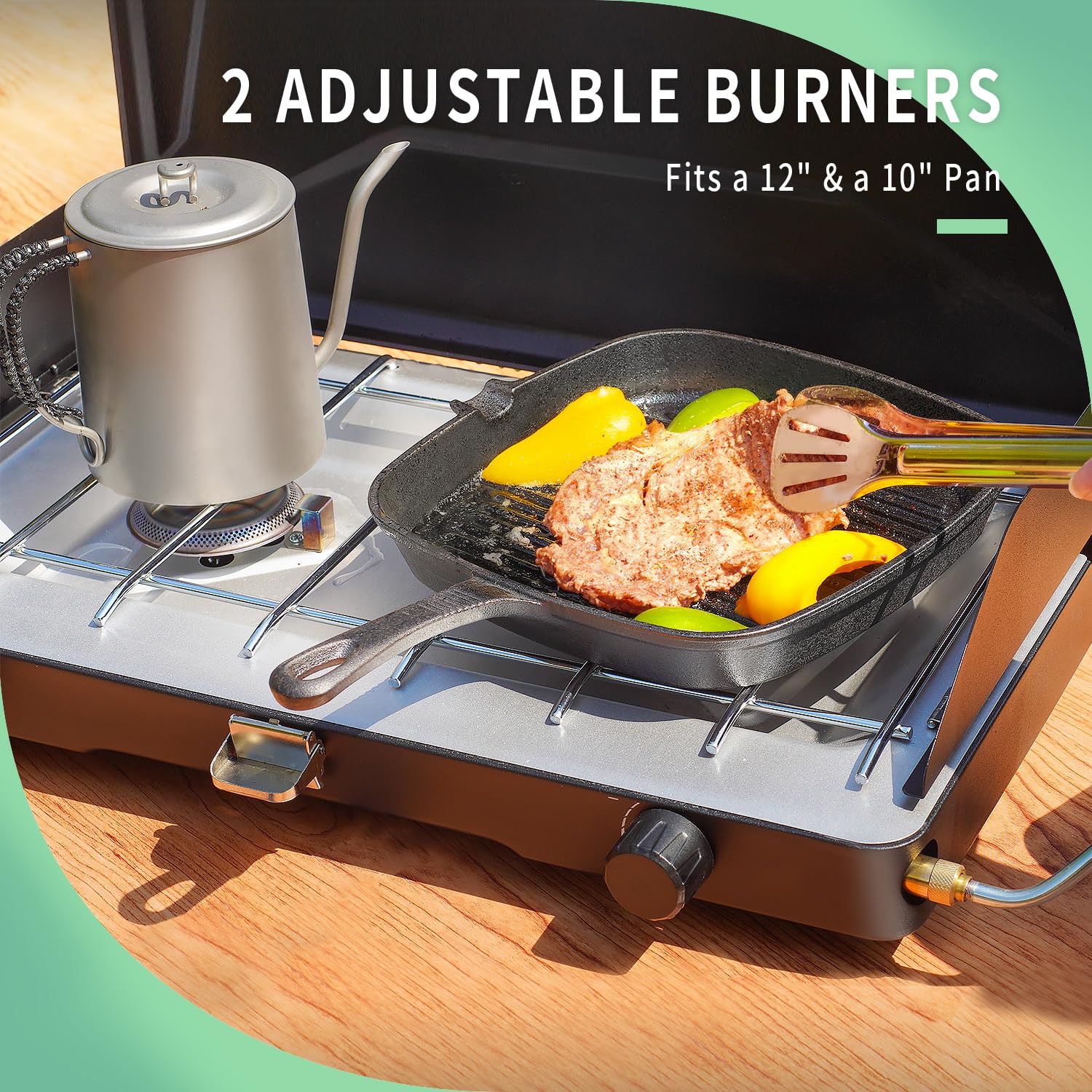 VANSTON 2-Burner Propane Camping Stove, 20,000 Total BTUs Portable Gas Camping Grill, Stovetop with Adjustable Burners, Wind Guards, Heavy-Duty Latch, Built-in Carrying Handle, Pressure regulator
