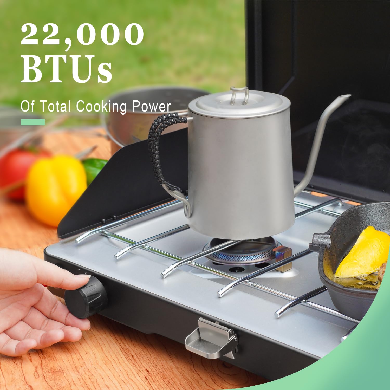 VANSTON 2-Burner Propane Camping Stove, 20,000 Total BTUs Portable Gas Camping Grill, Stovetop with Adjustable Burners, Wind Guards, Heavy-Duty Latch, Built-in Carrying Handle, Pressure regulator