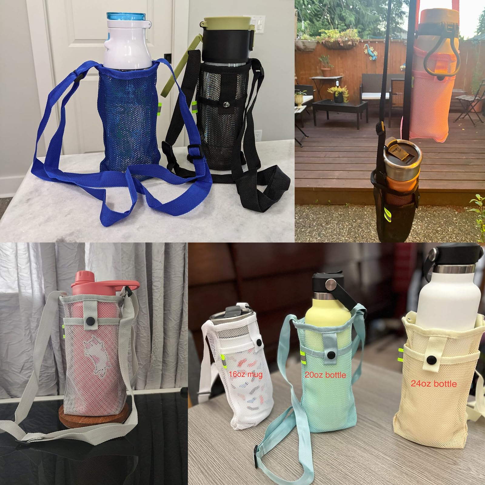 egghat 3Pcs Adjustable Shoulder Strap Water Bottle Carrier Mesh Bag Lightweight Dog Water Bottle Sleeve Crossbody Pouch (Navy/Korean blue/purple)