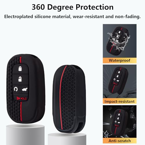 BE Key Fob Cover for Honda, Civic Silicone Key Protector with Keychain Compatible with Honda Accord Civic HR-V CR-V Pilot Sport SI EX EX-L Touring, Honeycomb Key Shell 5 Buttons Black + Red, 2PCS