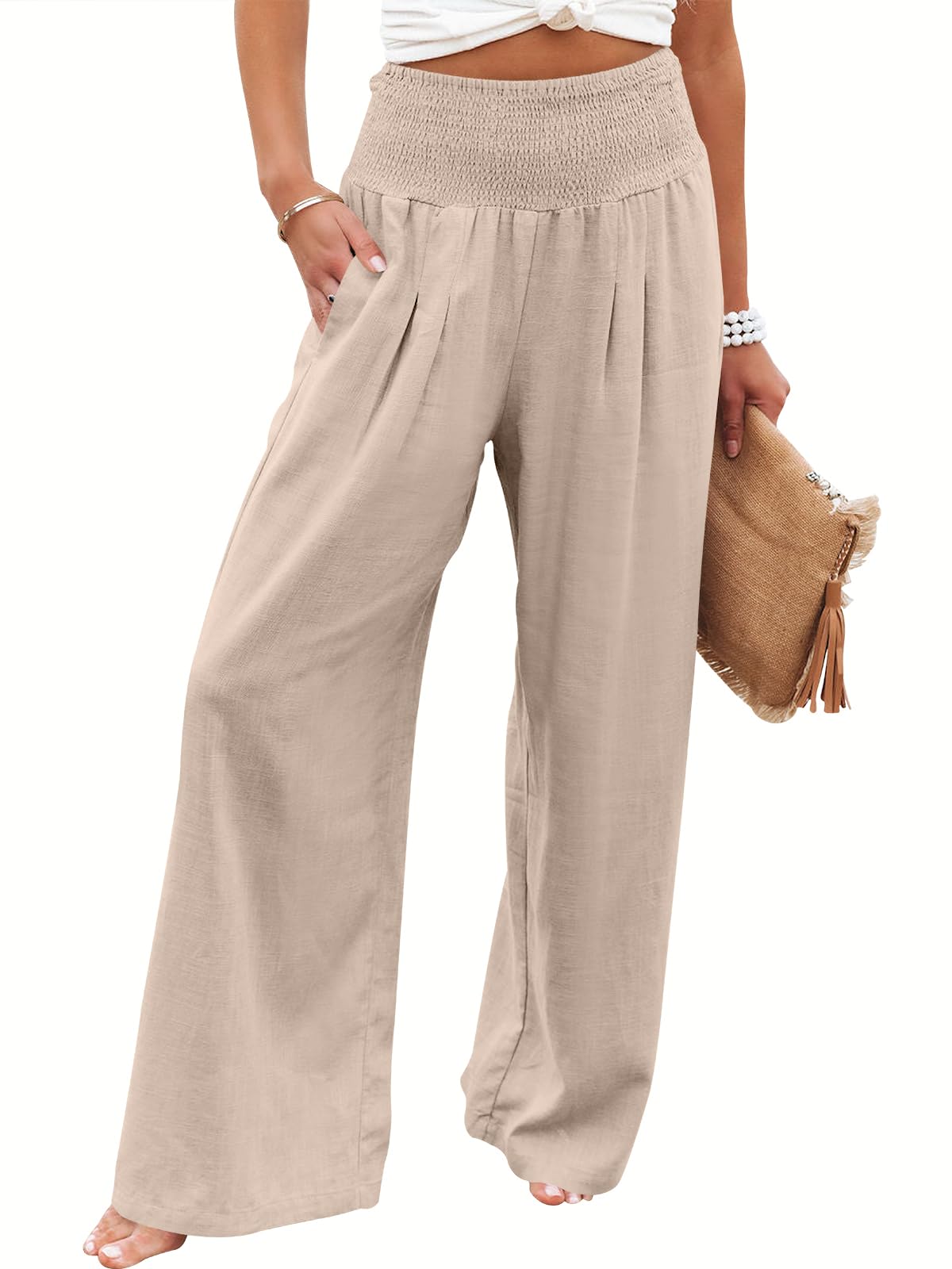 ANRABESS Women Linen Palazzo Pants Summer Boho Wide Leg High Waist Casual Lounge Pant 2025 Beach Travel Vacation Outfits Almond Large