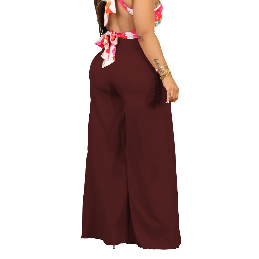 PINSV Wide Leg Pants for Women High Waisted Palazzo Lounge Dress Pants for Work Casual Wine Red XL