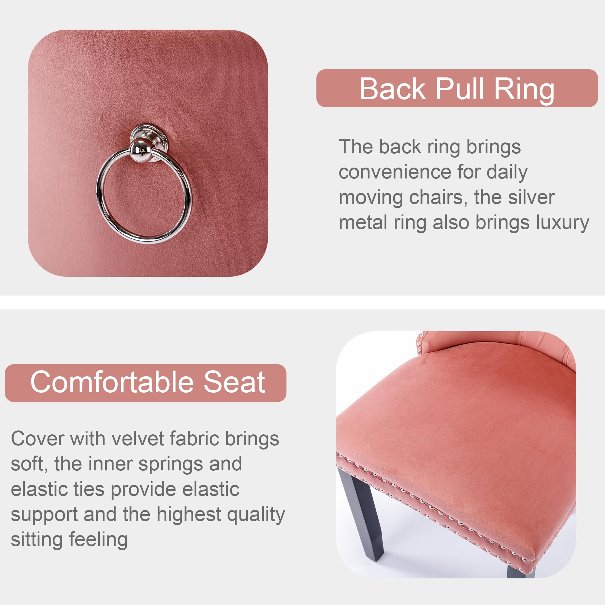 Rhomtree Contemporary Button Tufted Dining Chairs High-end Velvet Upholstered Dining Chairs with Nailhead Back and Ring Pull Trim Wood Kitchen Chairs for Dining Room (Pink 01, Set of 8)