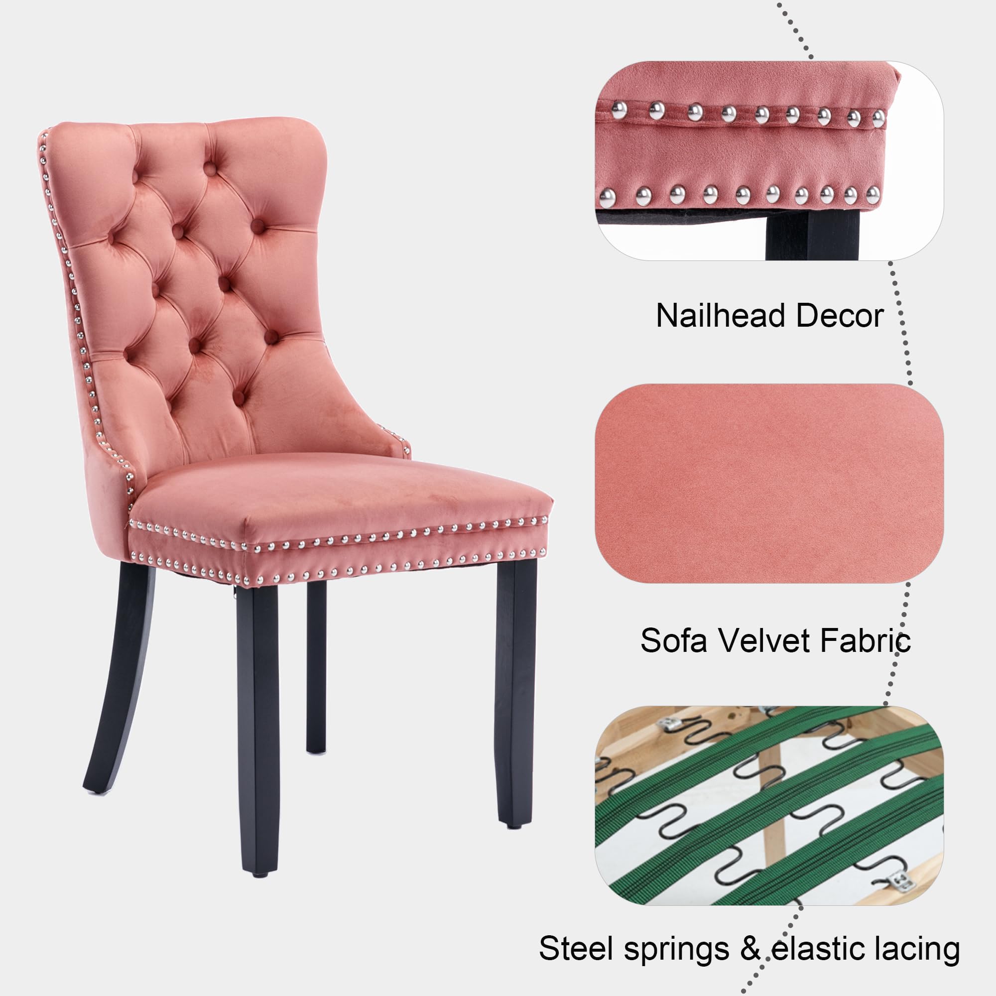 Rhomtree Contemporary Button Tufted Dining Chairs High-end Velvet Upholstered Dining Chairs with Nailhead Back and Ring Pull Trim Wood Kitchen Chairs for Dining Room (Pink 01, Set of 8)