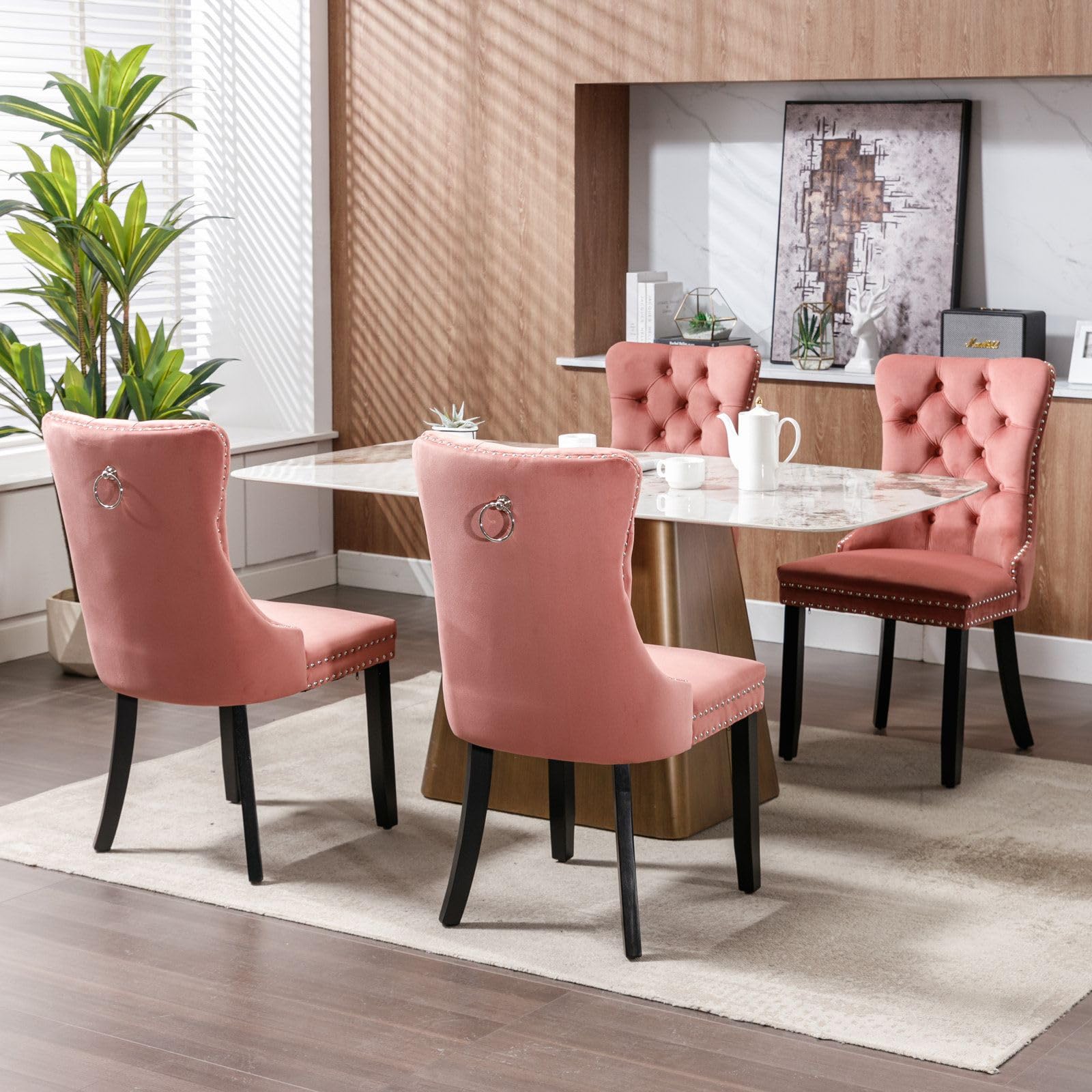 Rhomtree Contemporary Button Tufted Dining Chairs High-end Velvet Upholstered Dining Chairs with Nailhead Back and Ring Pull Trim Wood Kitchen Chairs for Dining Room (Pink 01, Set of 8)