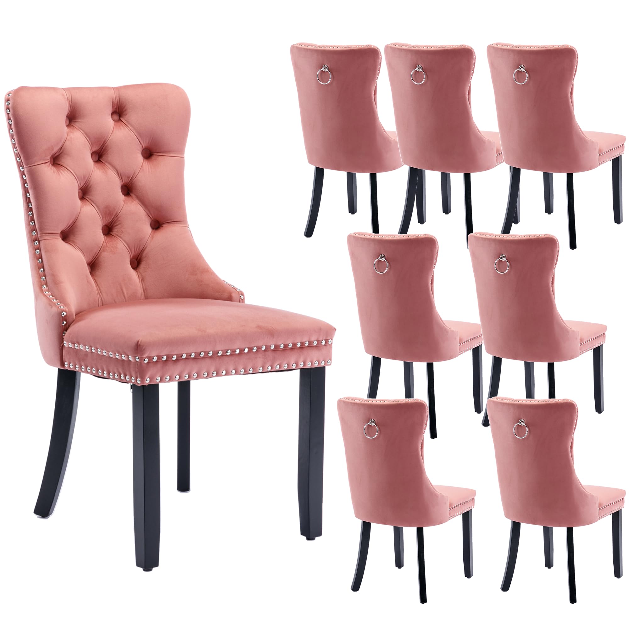 Rhomtree Contemporary Button Tufted Dining Chairs High-end Velvet Upholstered Dining Chairs with Nailhead Back and Ring Pull Trim Wood Kitchen Chairs for Dining Room (Pink 01, Set of 8)