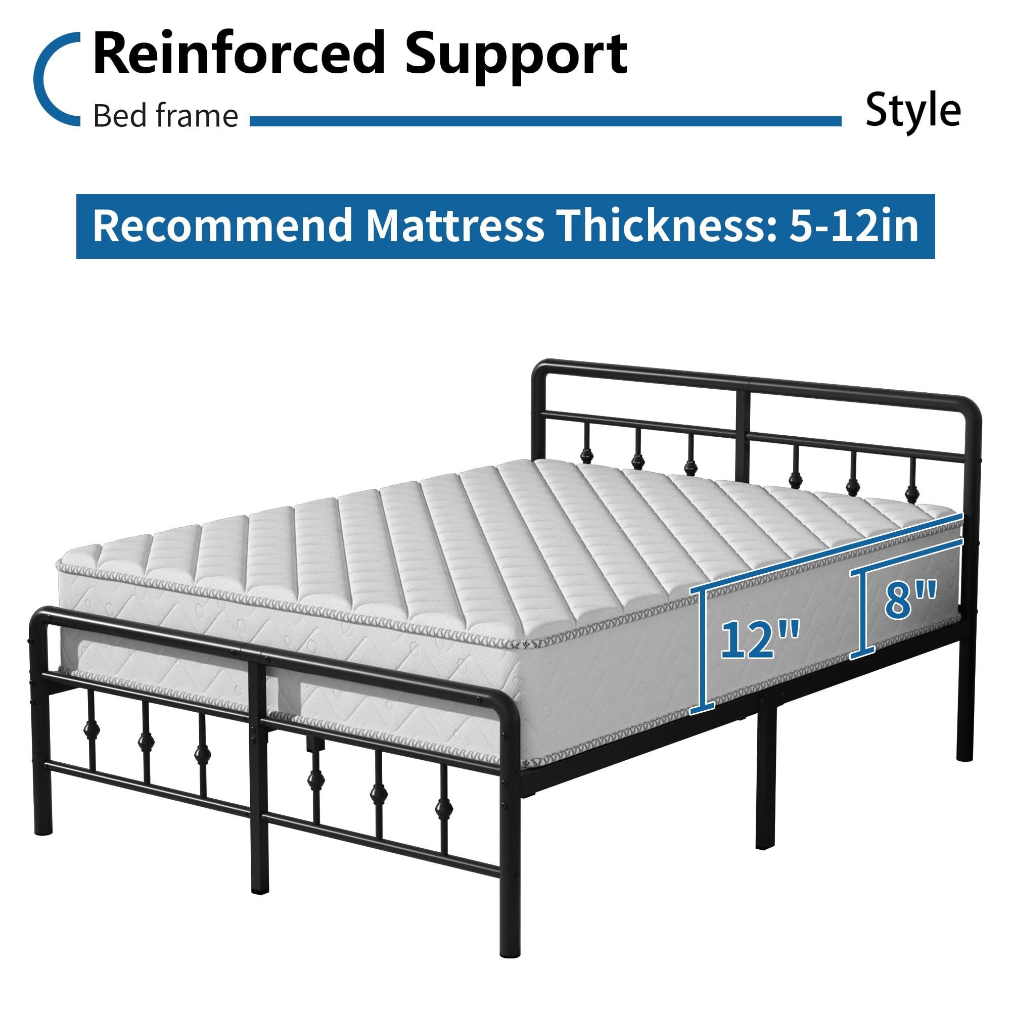 DiaOutro Metal Platform California King Bed Frames with Headboard and Footboard, 16 Inch No Box Spring Needed Heavy Duty Victorian Style Iron-Art Mattress Foundation/Maximum Storage Matte Black DA16