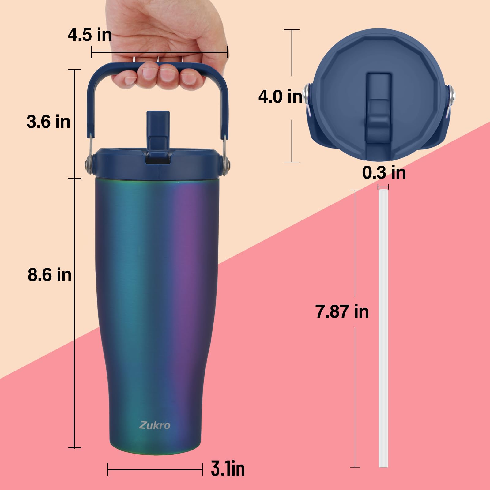Zukro 40 OZ Tumbler With Flip Straw |Stainless Steel Water Jug With Top Handle For Gym, Outdoors, Car |Large Leak Proof Triple-wall Vacuum Insulated Water Bottle Keeps Cold 30 Hours & Easy Carry