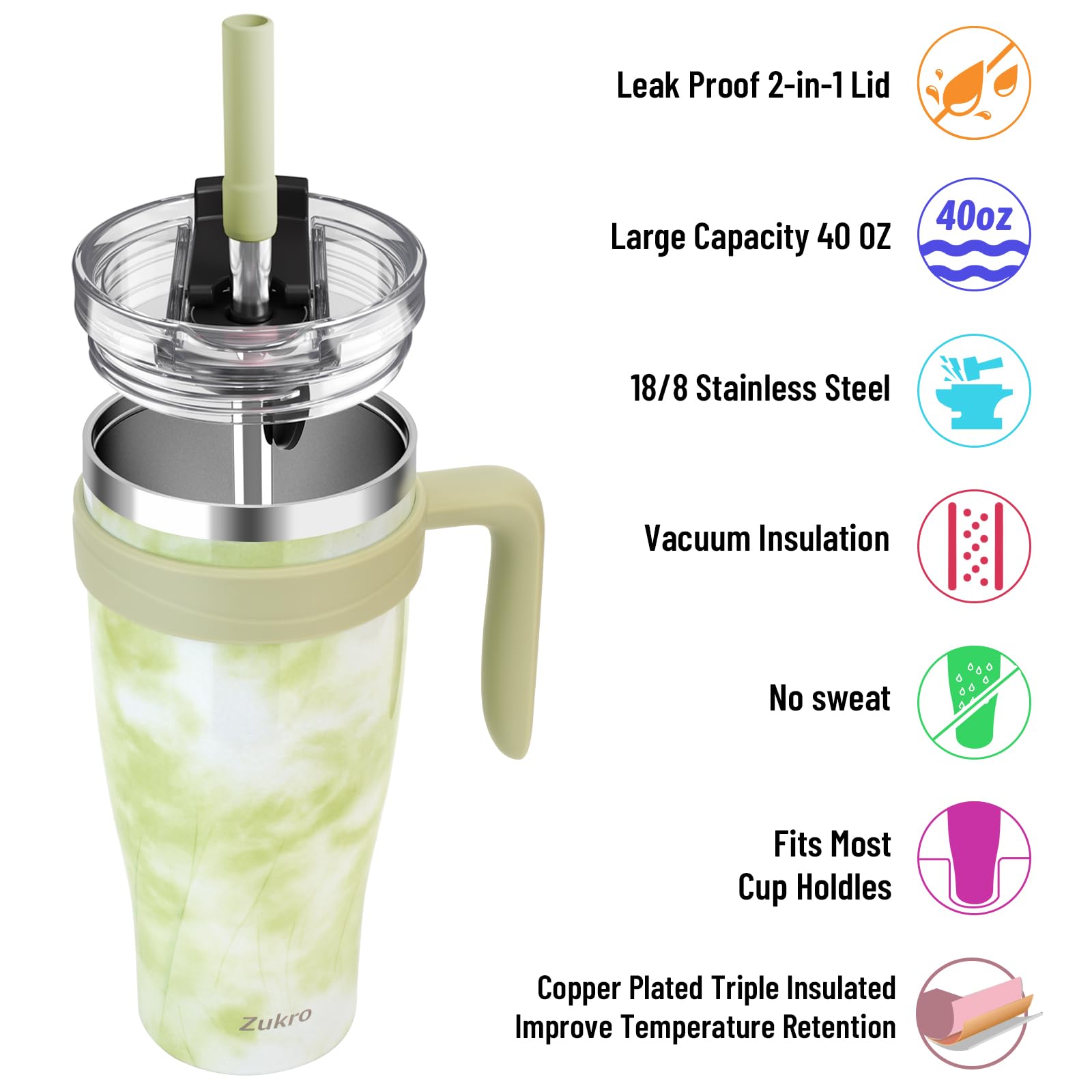 Zukro 40 oz Tumbler with Handle and Straw, Double Wall Stainless Steel Insulated Cup with Screw on 2-in-1 Flip Cap Lid, 100% Leak Proof, Keeps Drinks Cold 24 Hours, Dishwasher Safe - Peach Tie Dye