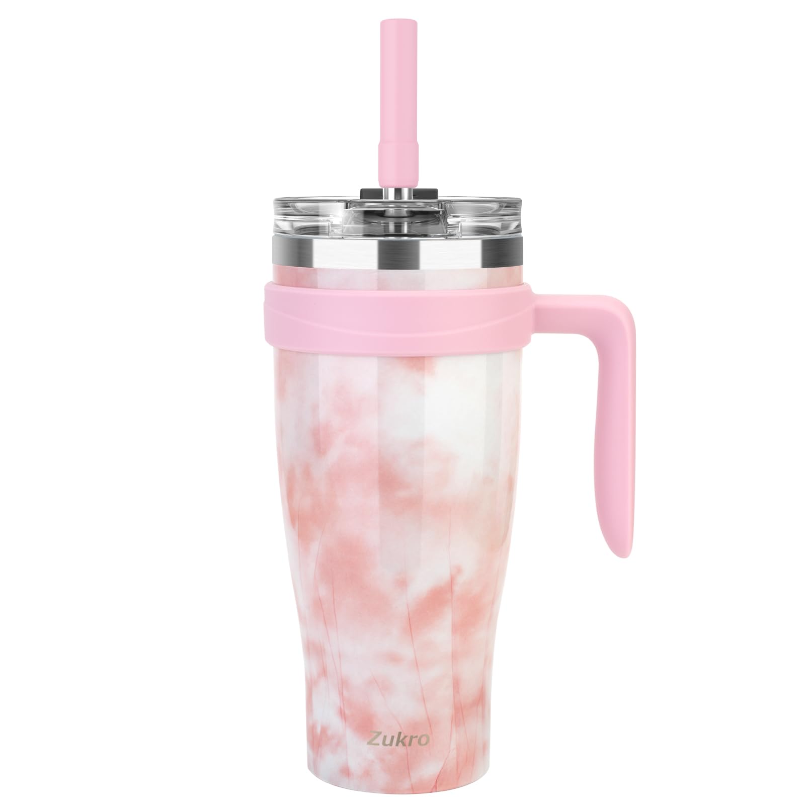 Zukro 40 oz Tumbler with Handle and Straw, Double Wall Stainless Steel Insulated Cup with Screw on 2-in-1 Flip Cap Lid, 100% Leak Proof, Keeps Drinks Cold 24 Hours, Dishwasher Safe - Peach Tie Dye