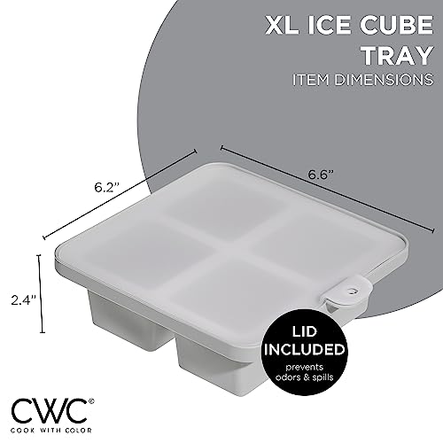 COOK WITH COLOR Silicone Ice Cube Trays - Large Ice Cube Maker Mold - Big Ice Cubes with Lid for Whiskey, Cocktails & Bourbon, for Baby Food and Leftovers (Grey)