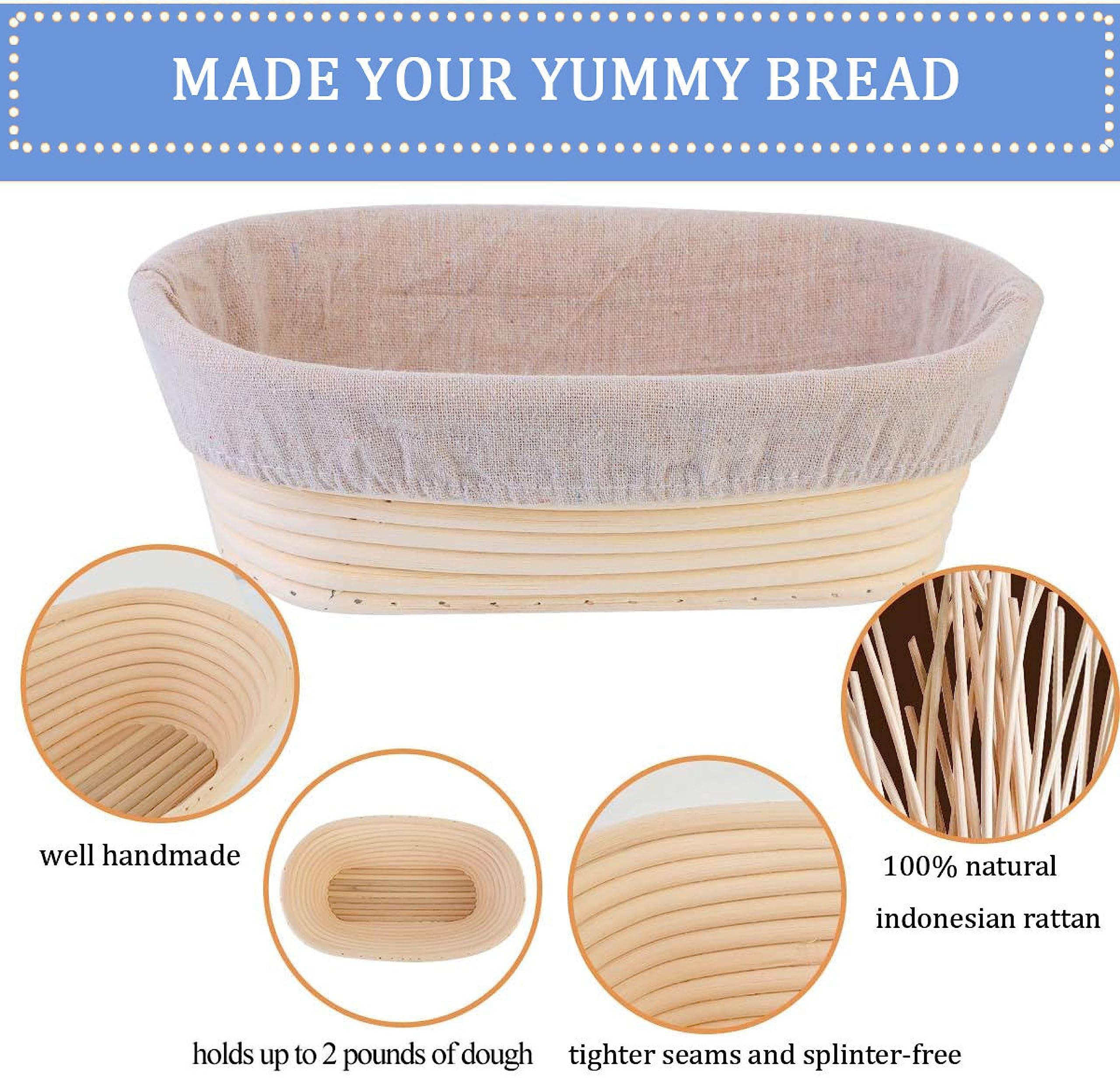 Bread Banneton Proofing Basket Set of 2,10 Inch Oval Cane Sourdough Baskets with Lame + Dough Scraper Linen Liner Basting Brush for Making Baking