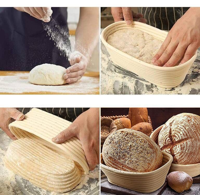 Bread Banneton Proofing Basket Set of 2,10 Inch Oval Cane Sourdough Baskets with Lame + Dough Scraper Linen Liner Basting Brush for Making Baking