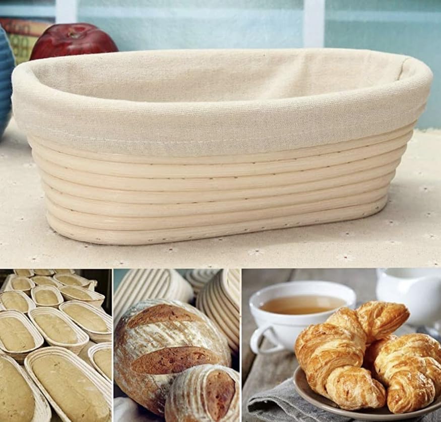 Bread Banneton Proofing Basket Set of 2,10 Inch Oval Cane Sourdough Baskets with Lame + Dough Scraper Linen Liner Basting Brush for Making Baking