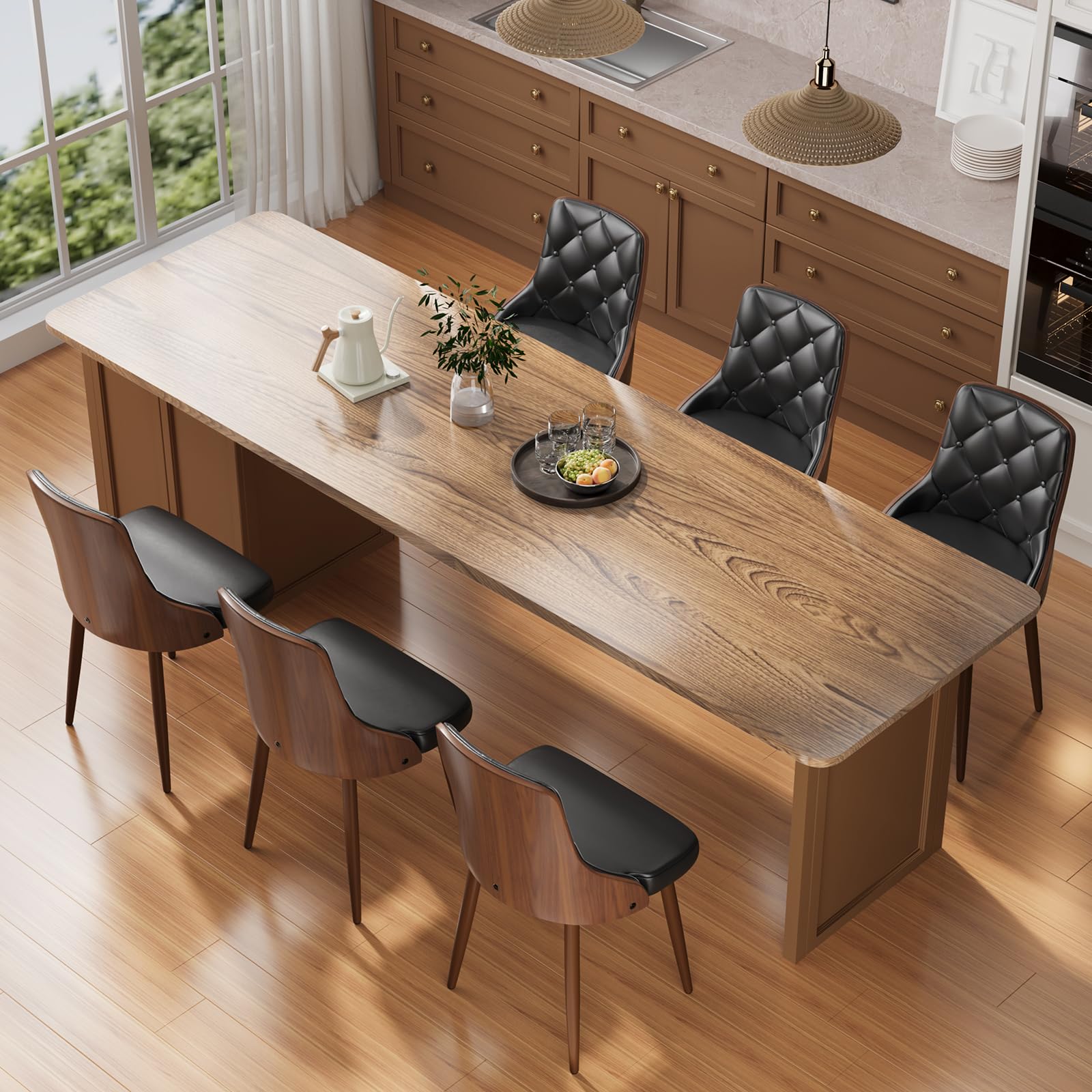 Aowos Dining Chairs Set of 4, Mid Century Modern PU Leather Upholstered Kitchen Chairs with Walnut Back and Iron Legs, Comfortable Seating for Kitchen, Dining Room, Bar Counter, Living Room (Black)