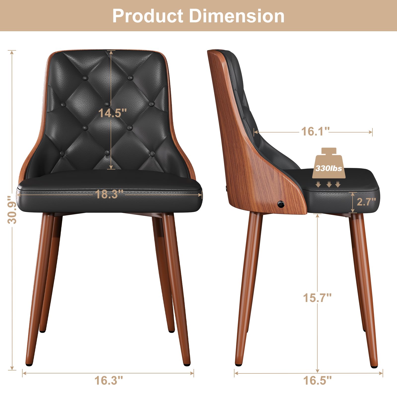 Aowos Dining Chairs Set of 4, Mid Century Modern PU Leather Upholstered Kitchen Chairs with Walnut Back and Iron Legs, Comfortable Seating for Kitchen, Dining Room, Bar Counter, Living Room (Black)