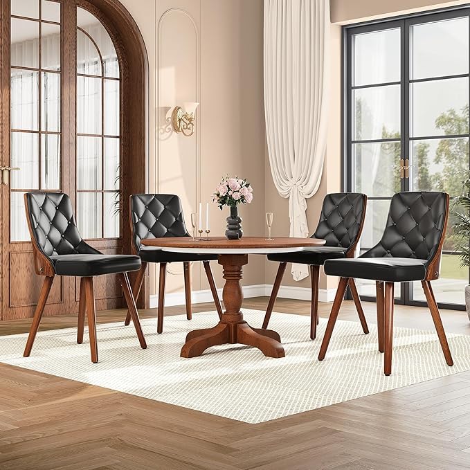 Aowos Dining Chairs Set of 4, Mid Century Modern PU Leather Upholstered Kitchen Chairs with Walnut Back and Iron Legs, Comfortable Seating for Kitchen, Dining Room, Bar Counter, Living Room (Black)