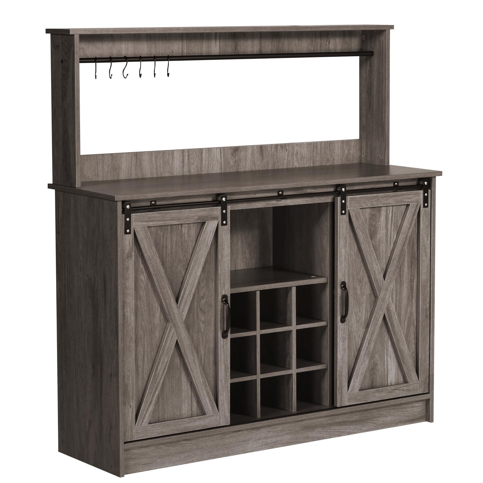4 EVER WINNER Farmhouse Coffee Bar Cabinet with 9 Racks, Sideboard Buffet Cabinet for Liquor with 6 Hooks & Adjustable Shelves, Large Wine Bar Cabinet for Kitchen Dining Room, Wash Grey