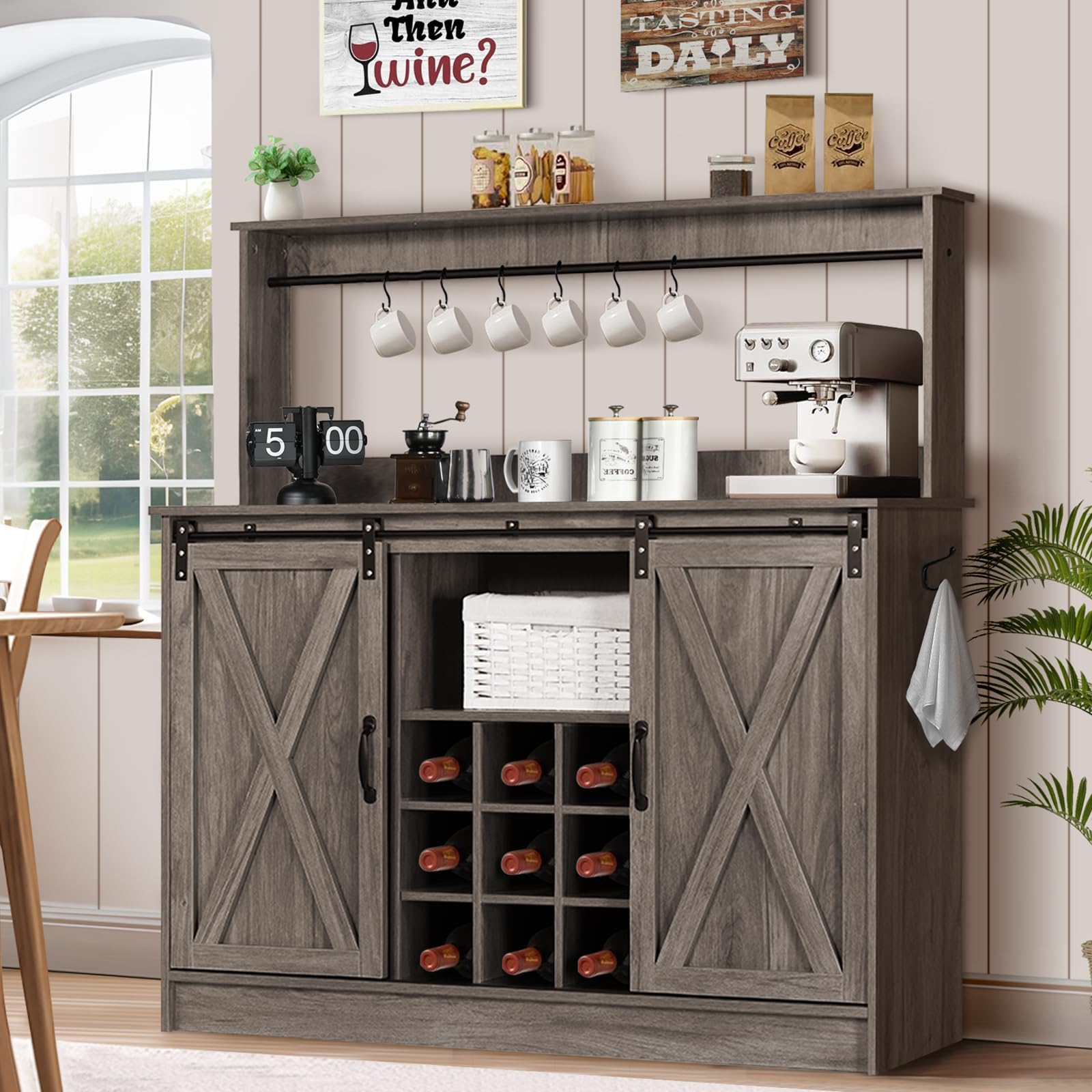 4 EVER WINNER Farmhouse Coffee Bar Cabinet with 9 Racks, Sideboard Buffet Cabinet for Liquor with 6 Hooks & Adjustable Shelves, Large Wine Bar Cabinet for Kitchen Dining Room, Wash Grey