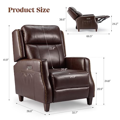 BMBMT Genuine Leather Recliner Chair 2 PCS Sofa with Double Layer Backrest, Power Recliner, Retro Rivet Design, High-Density Sponge Recliner Chair for Living Room, Brown