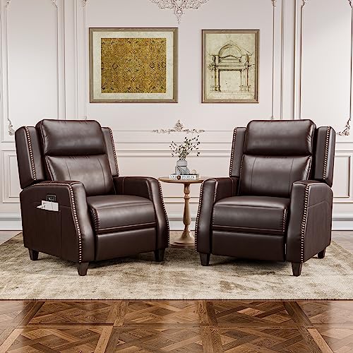 BMBMT Genuine Leather Recliner Chair 2 PCS Sofa with Double Layer Backrest, Power Recliner, Retro Rivet Design, High-Density Sponge Recliner Chair for Living Room, Brown