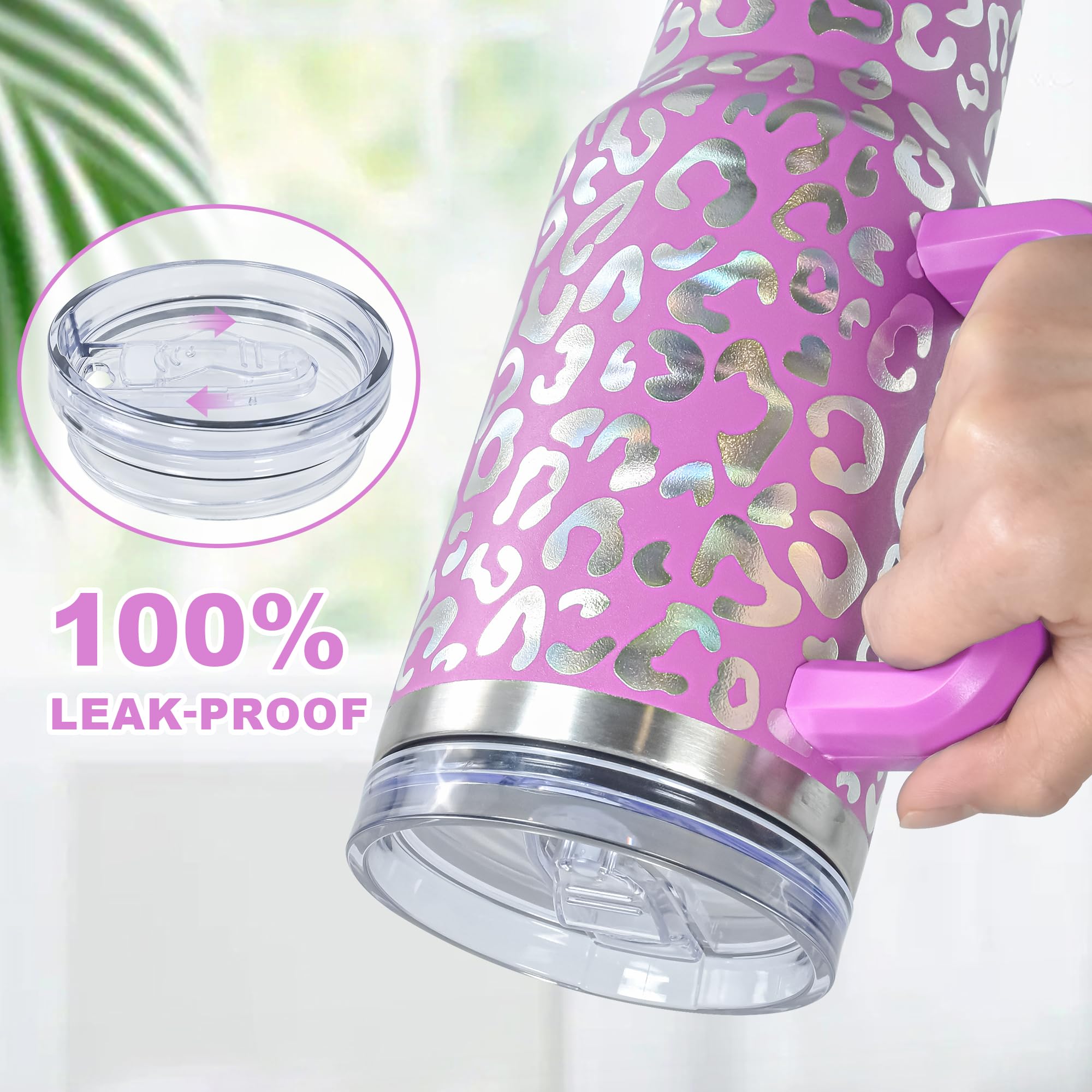 FECBK 40 oz Tumbler with Handle and Straw, 100% Leak-Proof Travel Mug, Stainless Steel Double Wall Vacuum Insulated Coffee Cup Keeps Cold For 34 Hours, Dishwasher Safe, Lavender Rose Leopard