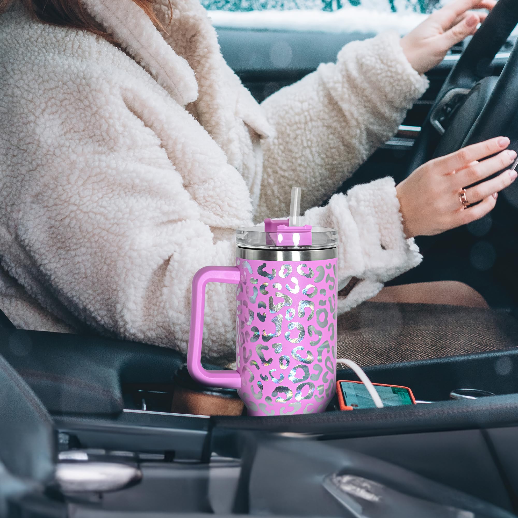 FECBK 40 oz Tumbler with Handle and Straw, 100% Leak-Proof Travel Mug, Stainless Steel Double Wall Vacuum Insulated Coffee Cup Keeps Cold For 34 Hours, Dishwasher Safe, Lavender Rose Leopard