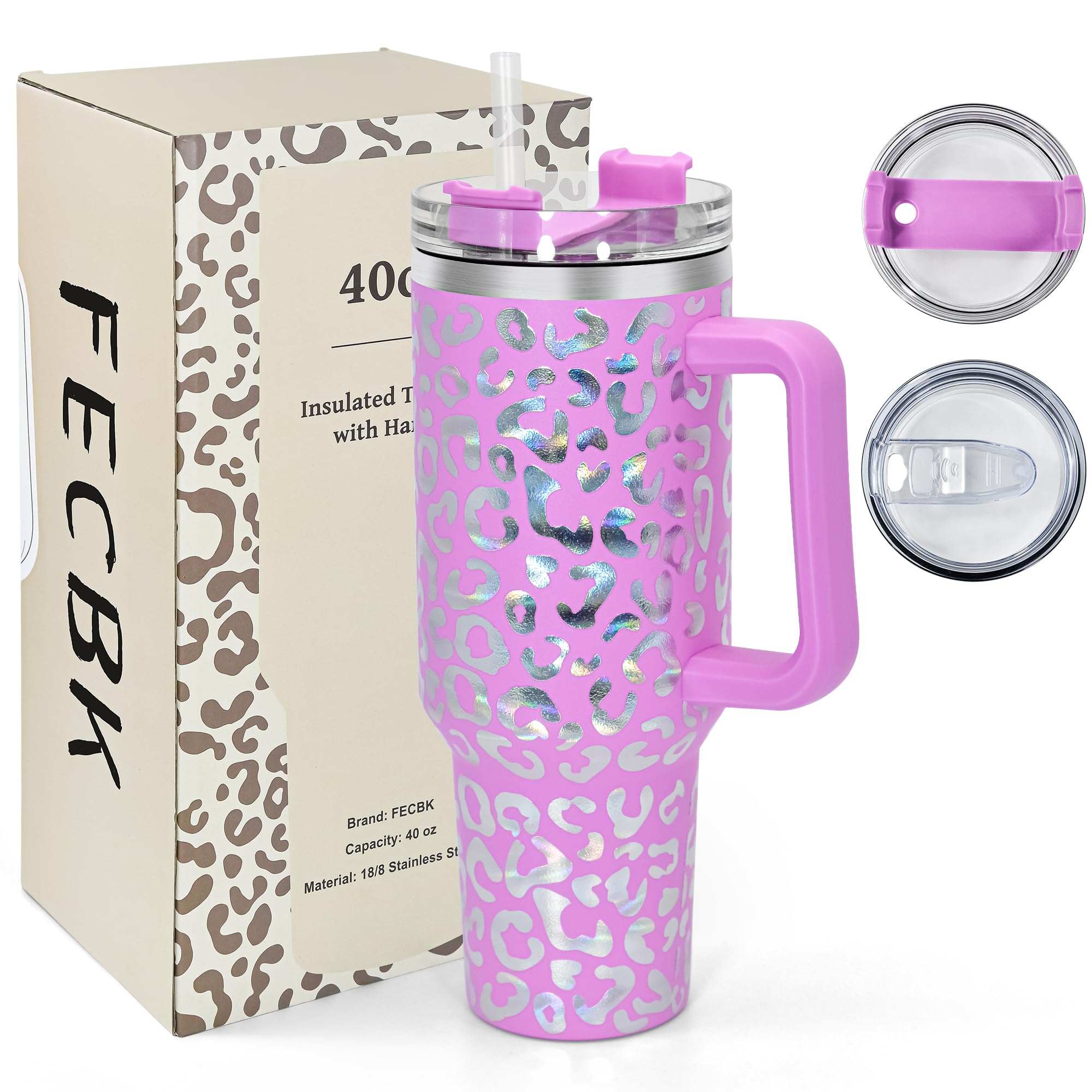 FECBK 40 oz Tumbler with Handle and Straw, 100% Leak-Proof Travel Mug, Stainless Steel Double Wall Vacuum Insulated Coffee Cup Keeps Cold For 34 Hours, Dishwasher Safe, Lavender Rose Leopard