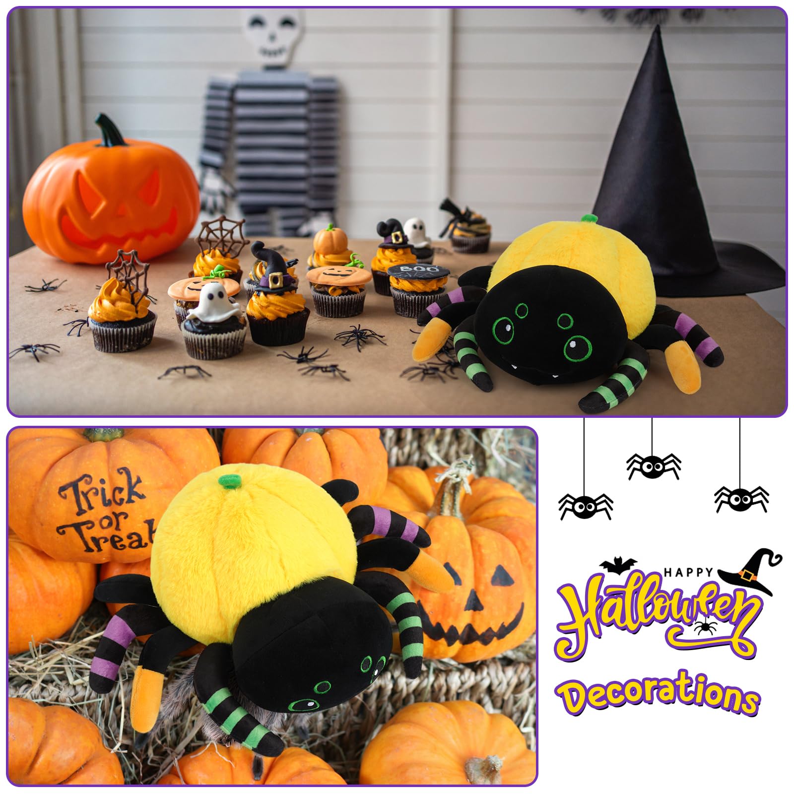 Leokawin Halloween Stuffed Animal Spider Plush Toy,Kawaii Pumpkin Spider Stuffed Animal,Soft Jumping Spider Plush Gift for Kids