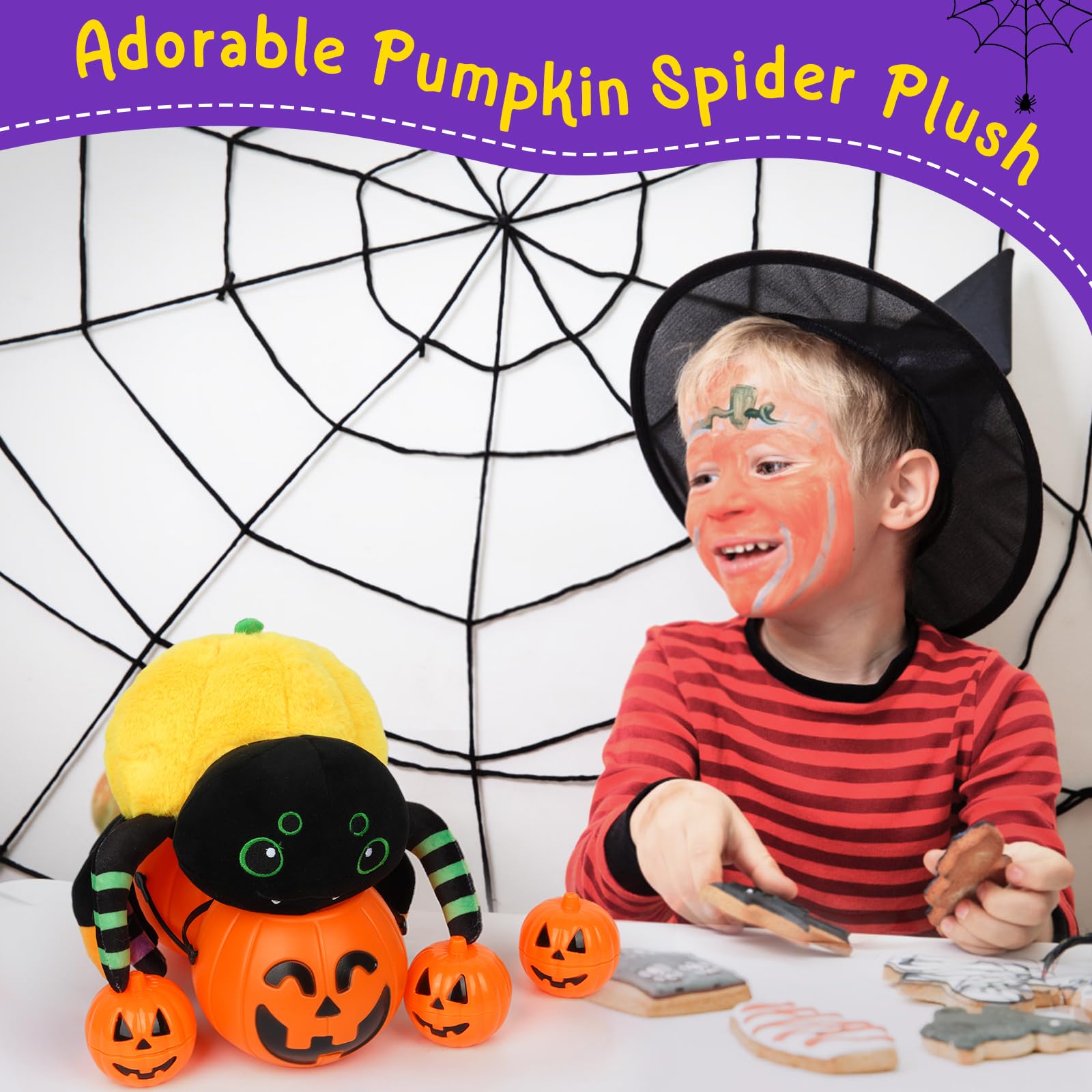 Leokawin Halloween Stuffed Animal Spider Plush Toy,Kawaii Pumpkin Spider Stuffed Animal,Soft Jumping Spider Plush Gift for Kids