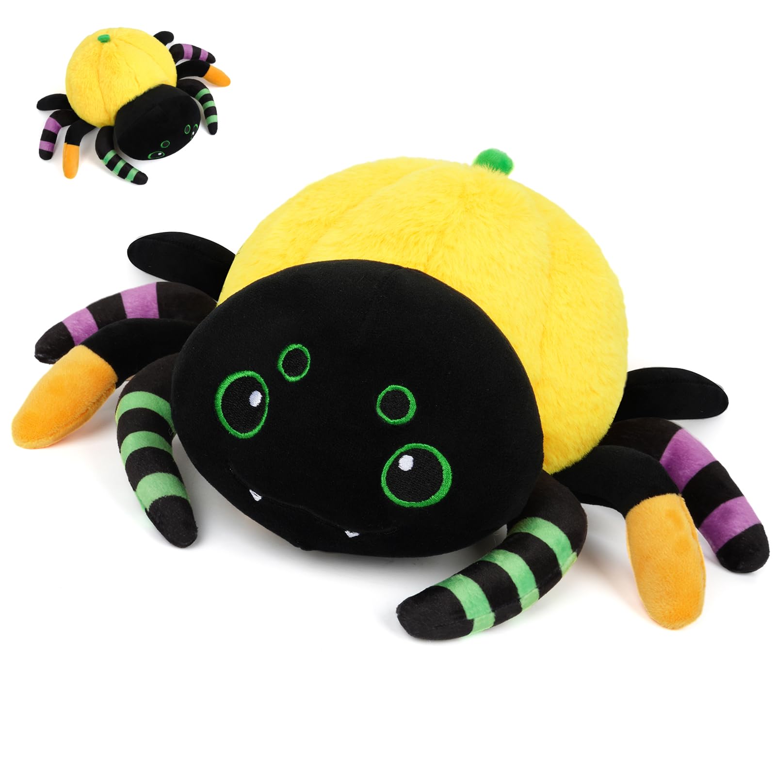 Leokawin Halloween Stuffed Animal Spider Plush Toy,Kawaii Pumpkin Spider Stuffed Animal,Soft Jumping Spider Plush Gift for Kids
