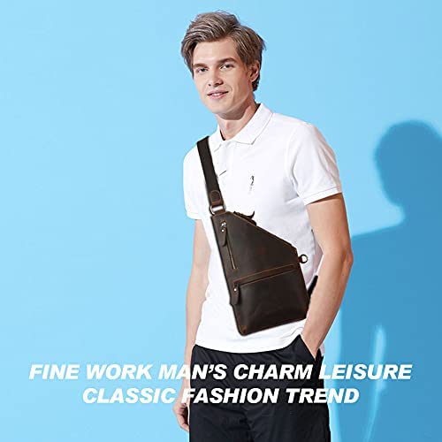 Men's Leather Sling bag Chest bag Crossbody Bag shoulder bag Genuine leather Crazy horse skin Backpack for men, Brown (BNX01021)