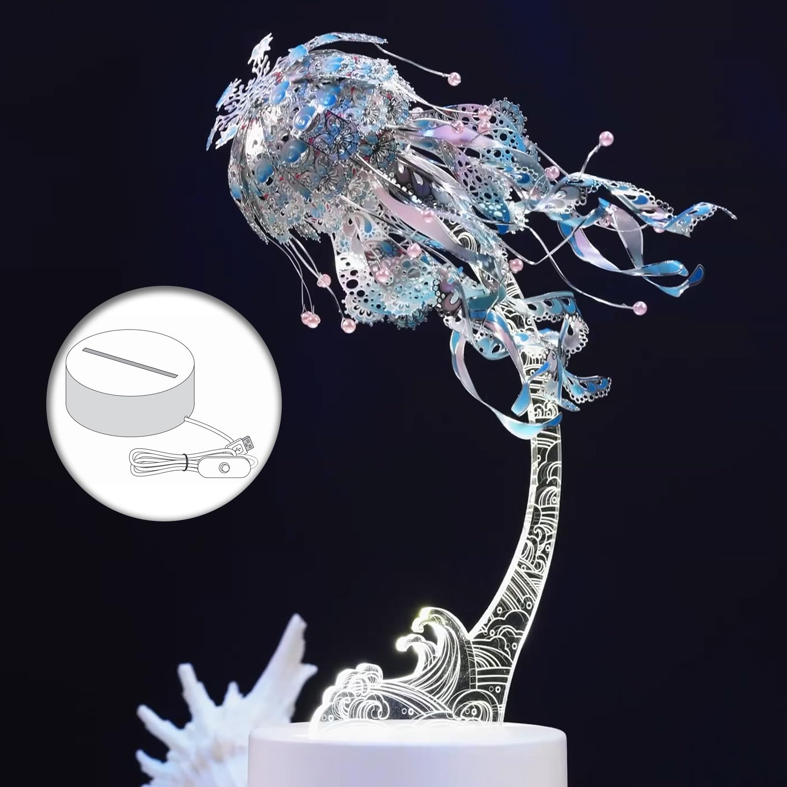 Piececool 3D Puzzles for Adults, Jellyfish Night Light with USB Plug, Ocean Animals 3D Metal Model Building Kits, Hobbies DIY Assembling Arts and Crafts Best Christmas Gifts