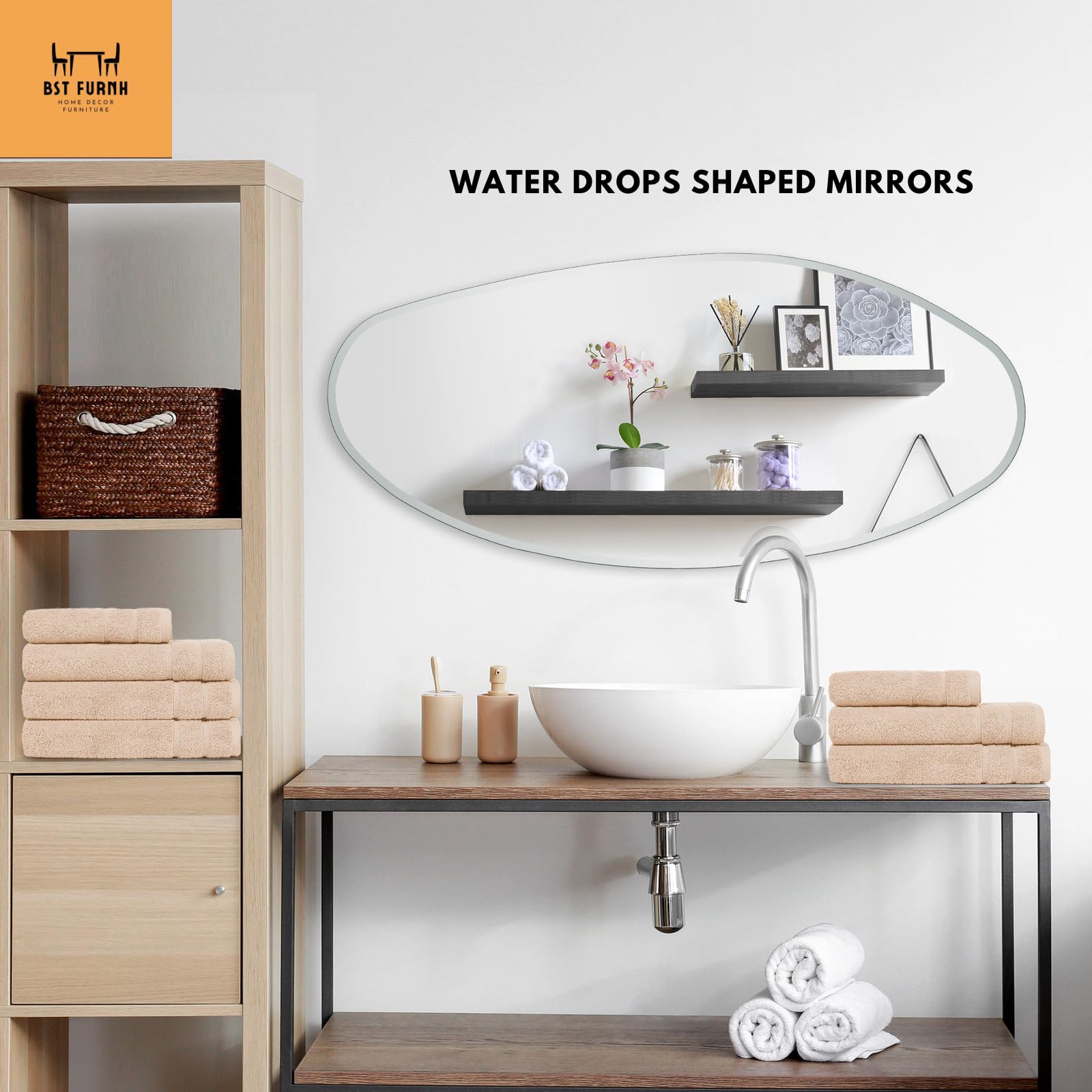 BST FURNH Irregular Wall Mirror, 20'x20 Wavy Asymmetrical Frameless Design for Bathroom, Bedroom, Living Room & Entryway β Modern Decorative Wall Mirror