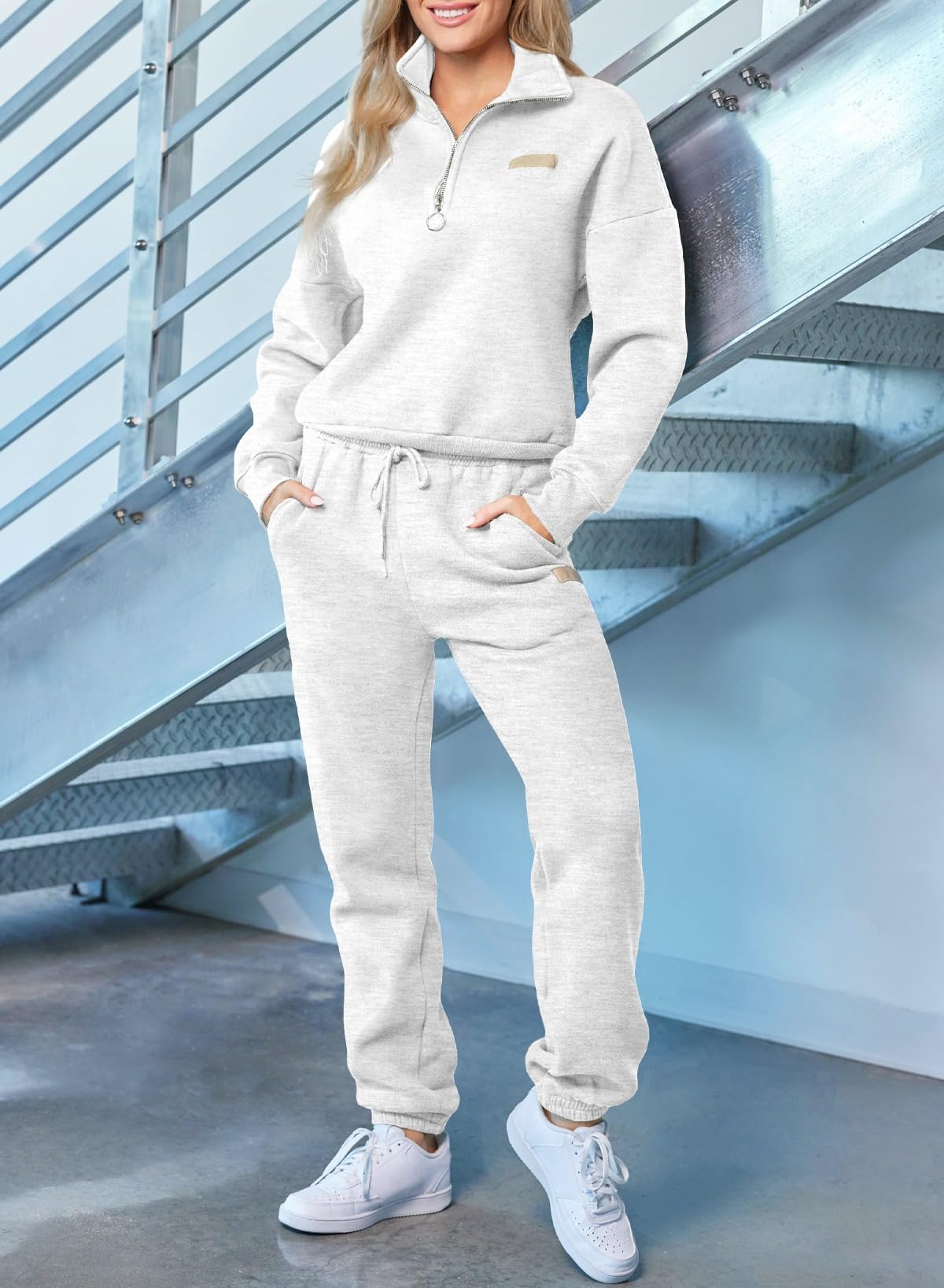 Herseas Fall 2 Piece Teacher Outfits for Women White Casual Sweatsuits Half Zip Pullover with Jogger Comfy Set Fashion Leisure Suits X-Large 16 18