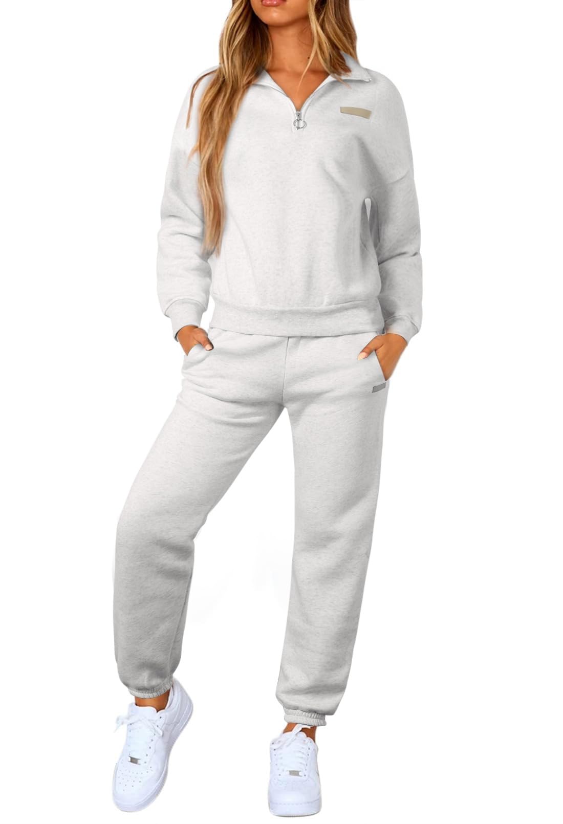 Herseas Fall 2 Piece Teacher Outfits for Women White Casual Sweatsuits Half Zip Pullover with Jogger Comfy Set Fashion Leisure Suits X-Large 16 18