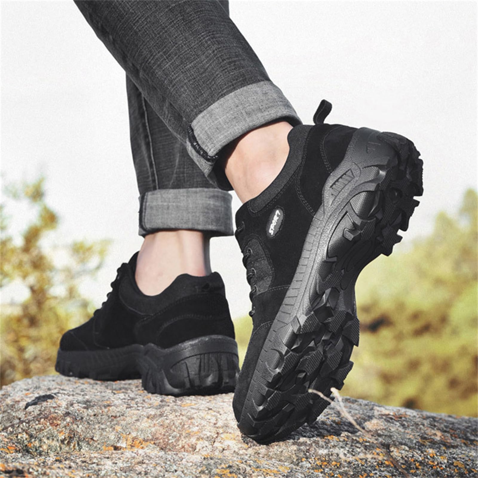 JiuQing Men's Hiking Shoes Trail Running Shoes Waterproof Low Rise Outdoor Walking Boots,Black,8